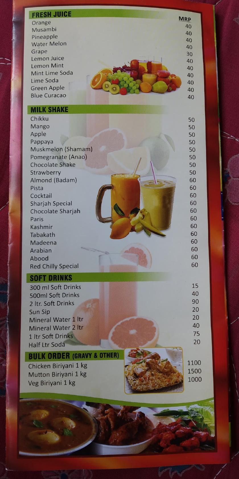 Menu at Red Chilli hut Hotel, Mangaluru