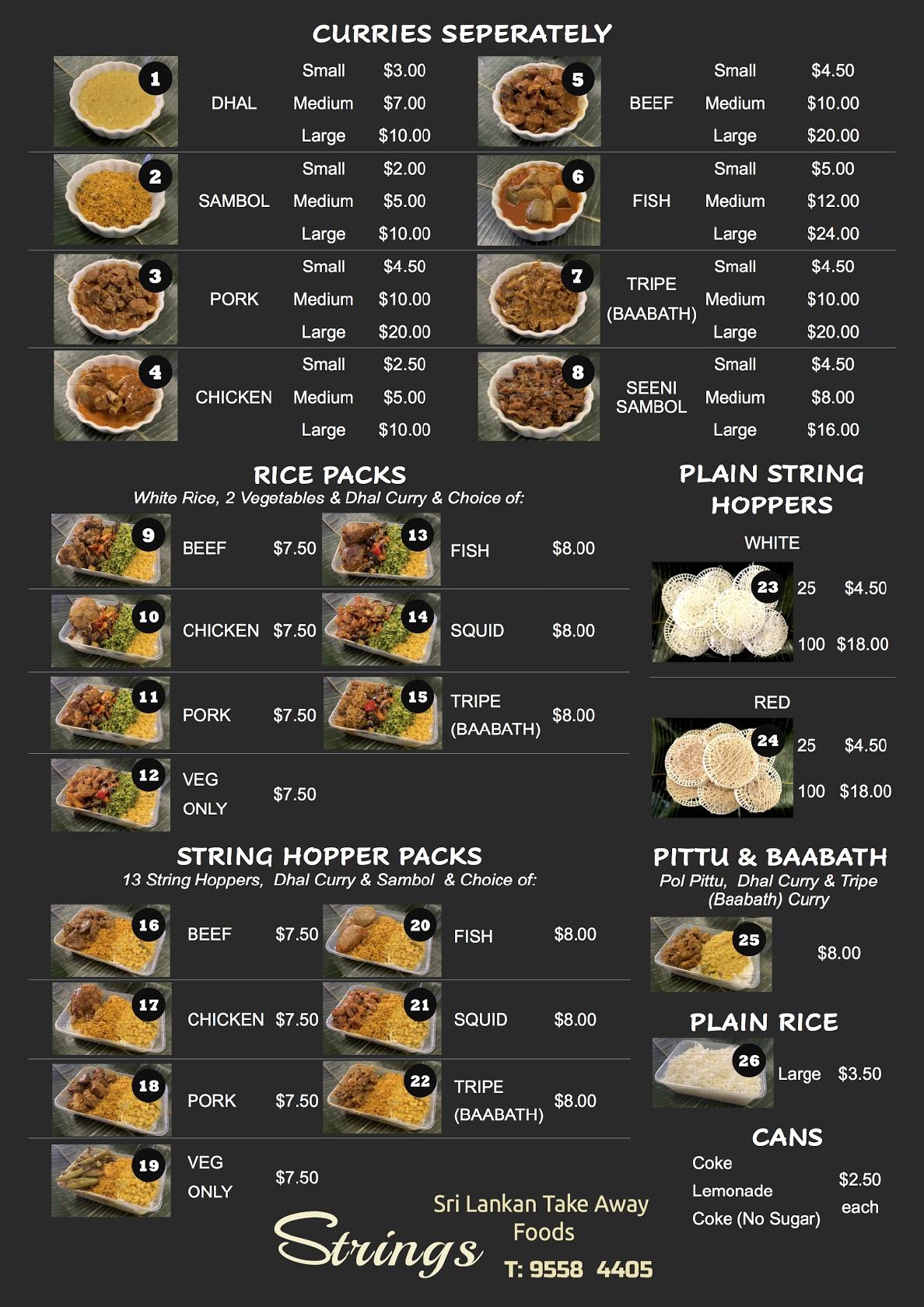 Menu at Strings Sri Lankan Takeaway & String Hoppers restaurant, Noble Park