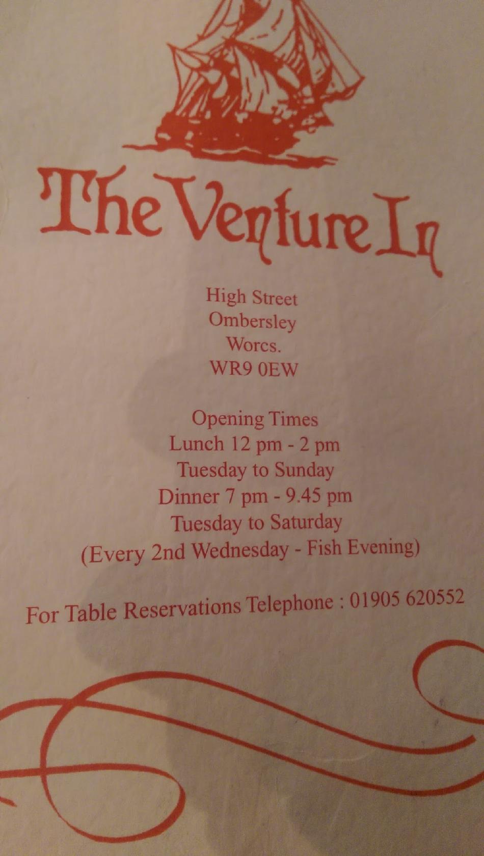 Menu at Venture In Restaurant, Ombersley