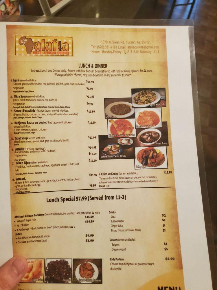 Menu at Alafia West African Cuisine Beninese Restaurant, Tucson, N Swan Rd