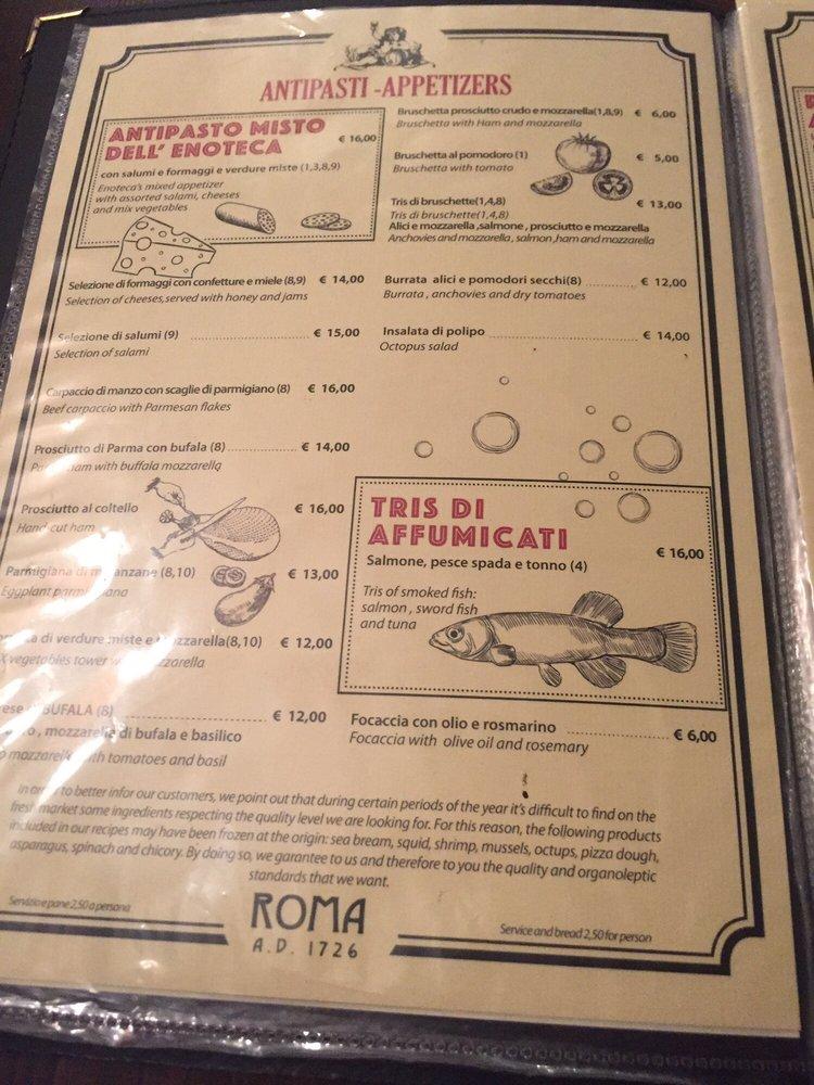 Menu da Antica Enoteca pub & bar, Roma, Via della Croce