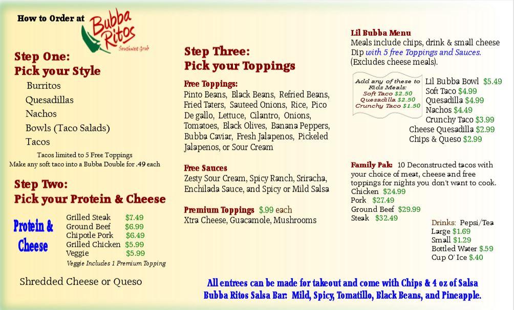 Menu at Bubba Ritos restaurant, Guntersville, a US-431