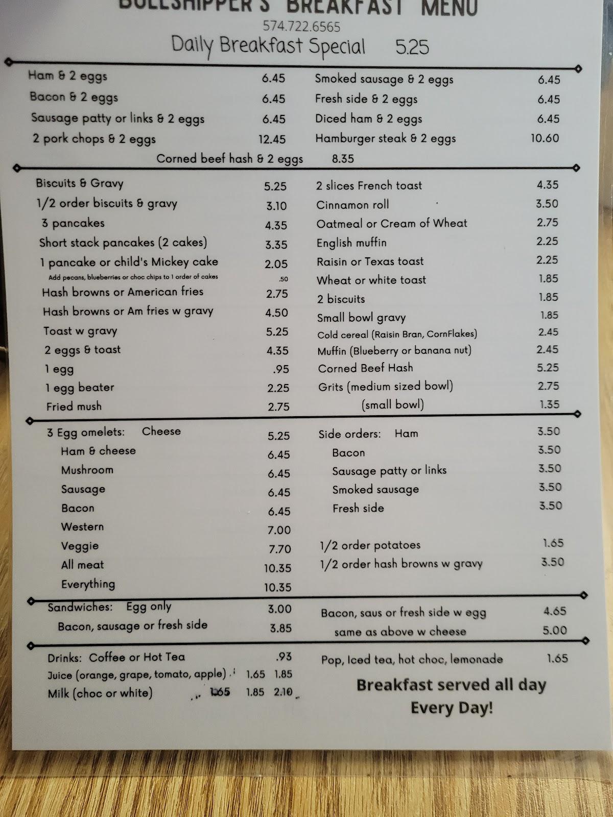 Menu at Bullshipper’s Cafe, Logansport, 830 E Main St