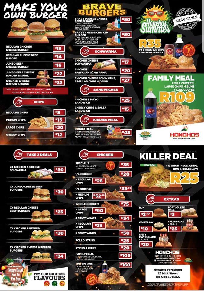 Menu at Honchos Fordsburg restaurant, Johannesburg, 28 Mint Rd
