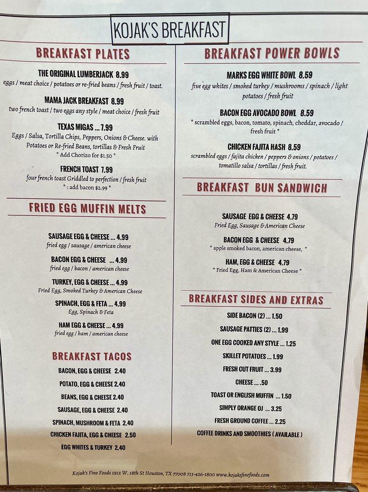 Menu at Kojak's restaurant, Houston, W 18th St