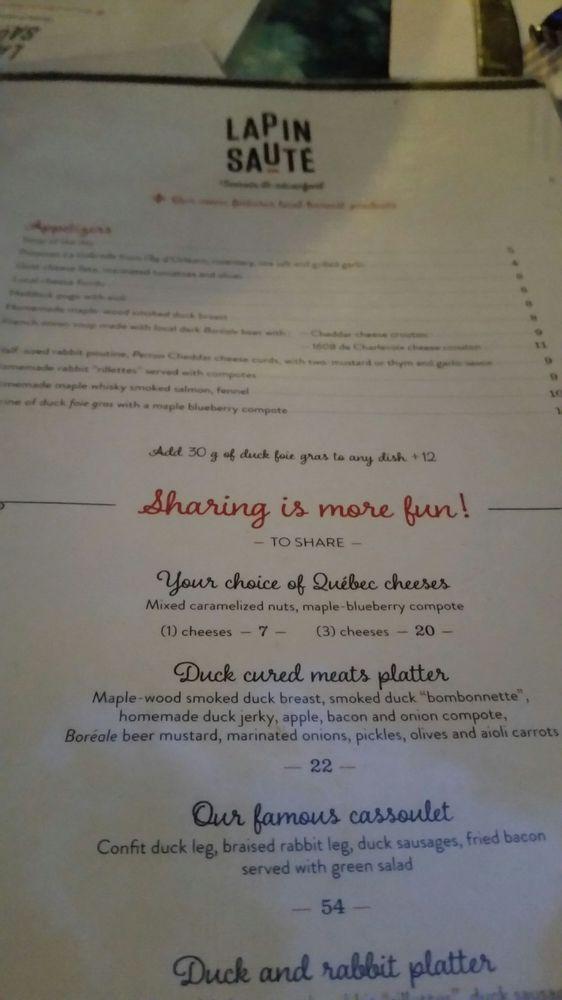 Menu au Le Lapin Sauté restaurant, Québec, 52 rue du Petit-Champlain