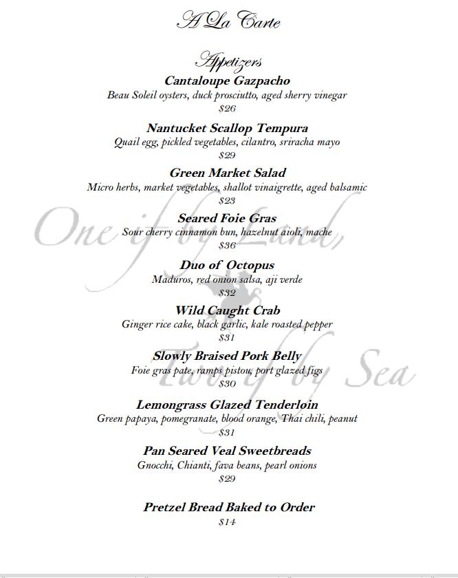 Menu at One if by Land, Two if by Sea restaurant, New York City
