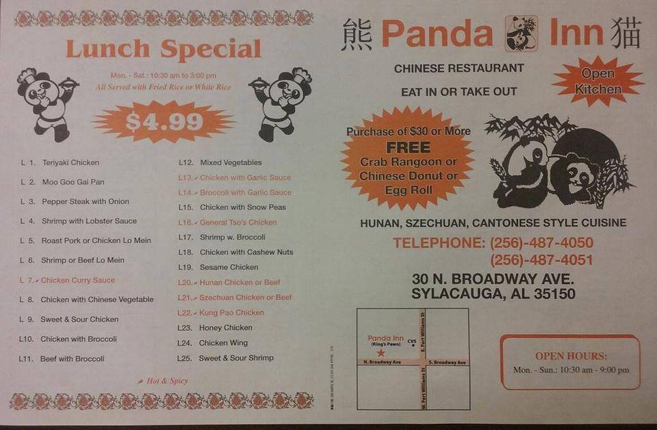 Menu at Panda Inn restaurant, Sylacauga