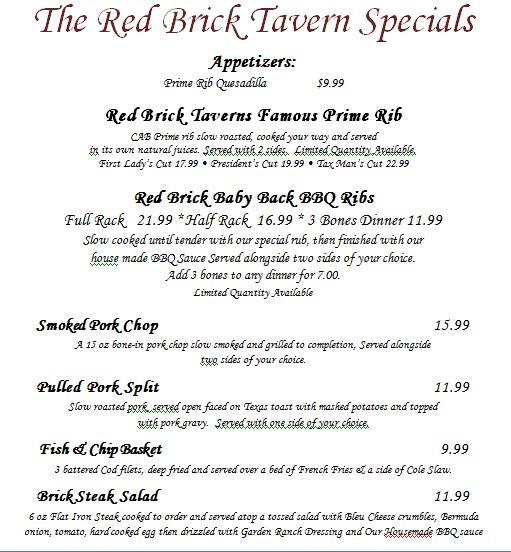 Menu at Red Brick Tavern pub & bar, London, Cumberland St