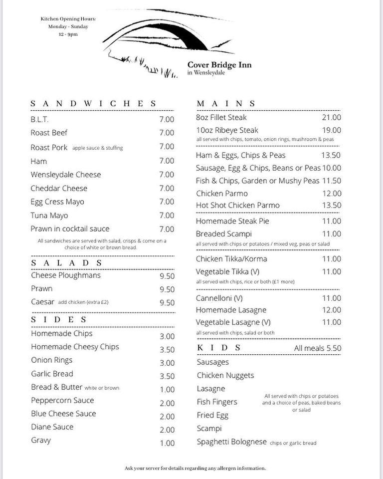 Menu at The Cover Bridge Inn pub & bar, East Witton, A6108