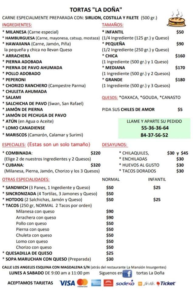Carta del restaurante Tortas La Doña, Ciudad del México, Av. Magdalena s/n