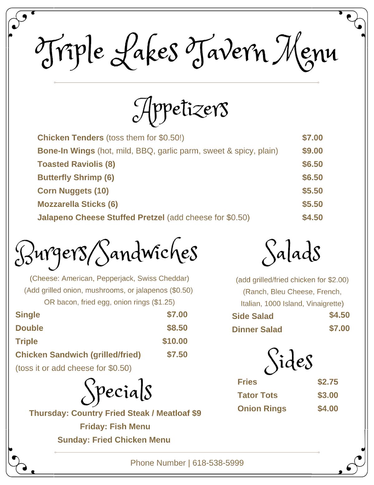 Menu at Triple Lakes Tavern pub & bar, Dupo