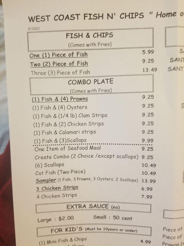 Carta del restaurante West Coast Fish N' Chips, Clovis, Shaw Ave # 104