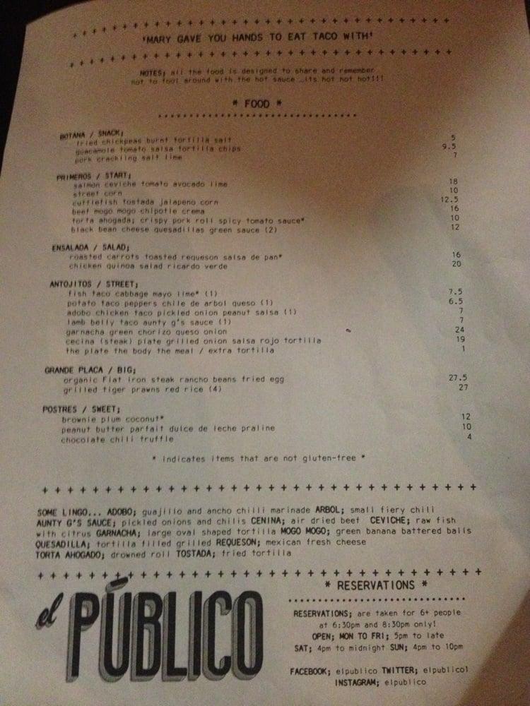 Menu at el Publico, Highgate