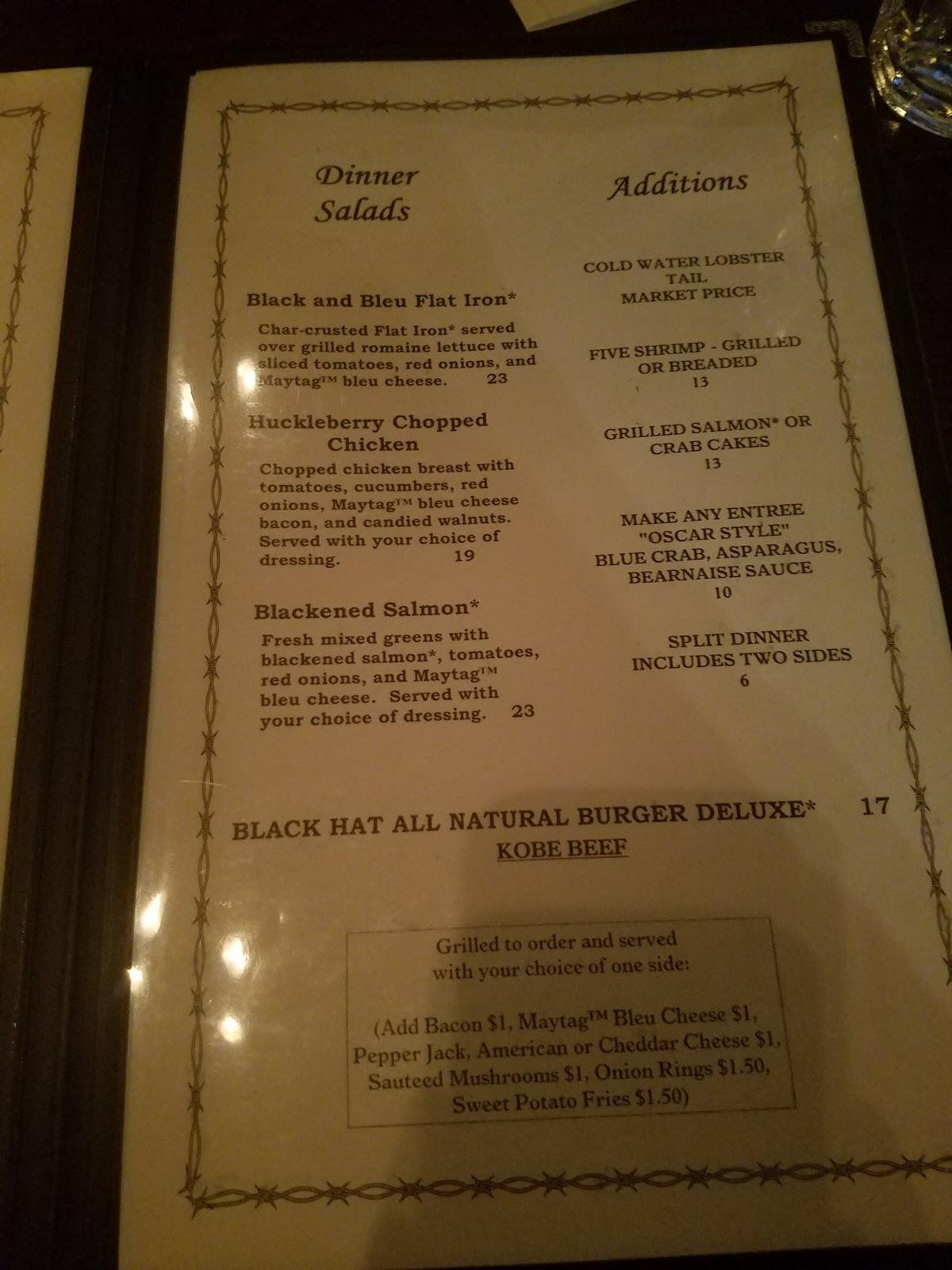 Menu at Black Hat Cattle Co steakhouse, Kittredge