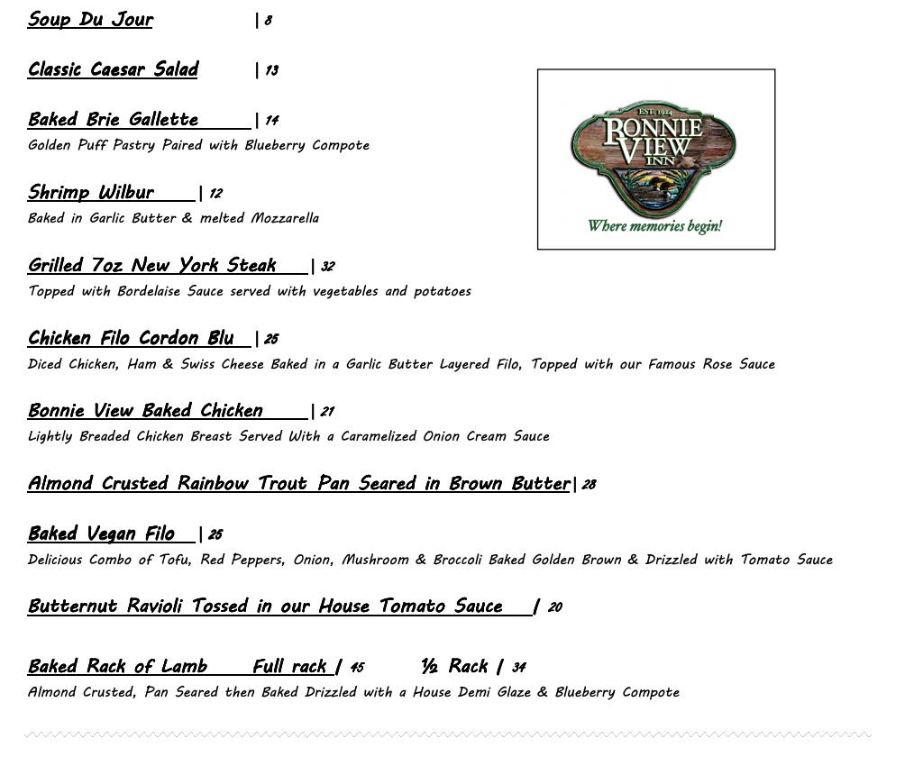 Menu at Bonnie View Inn restaurant, Canada