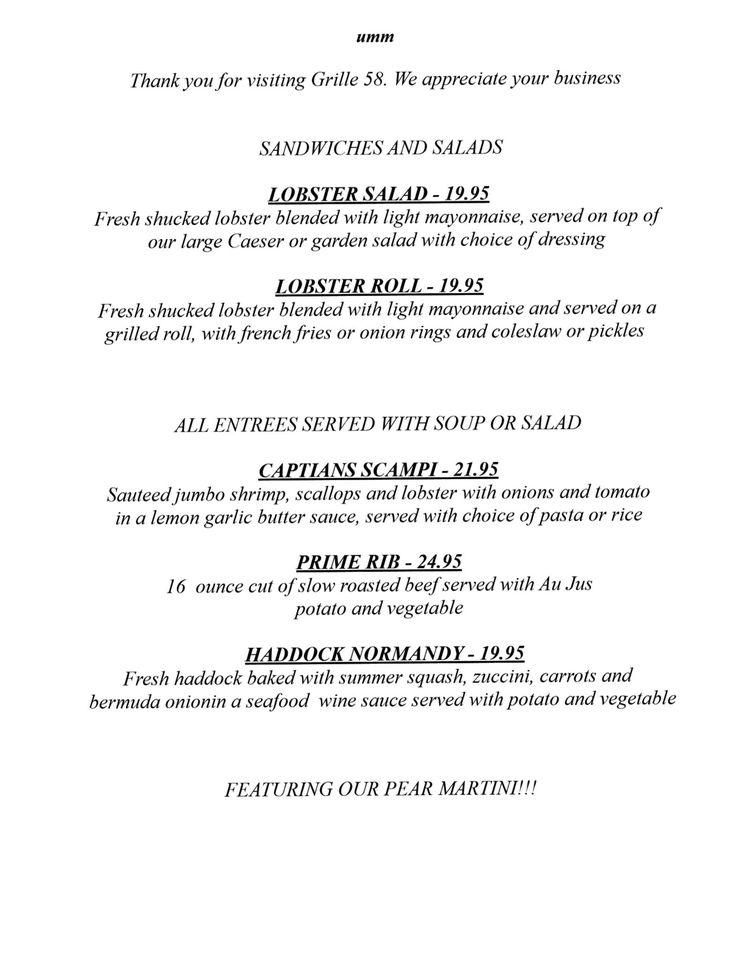 Menu at Grille 58 restaurant, Halifax