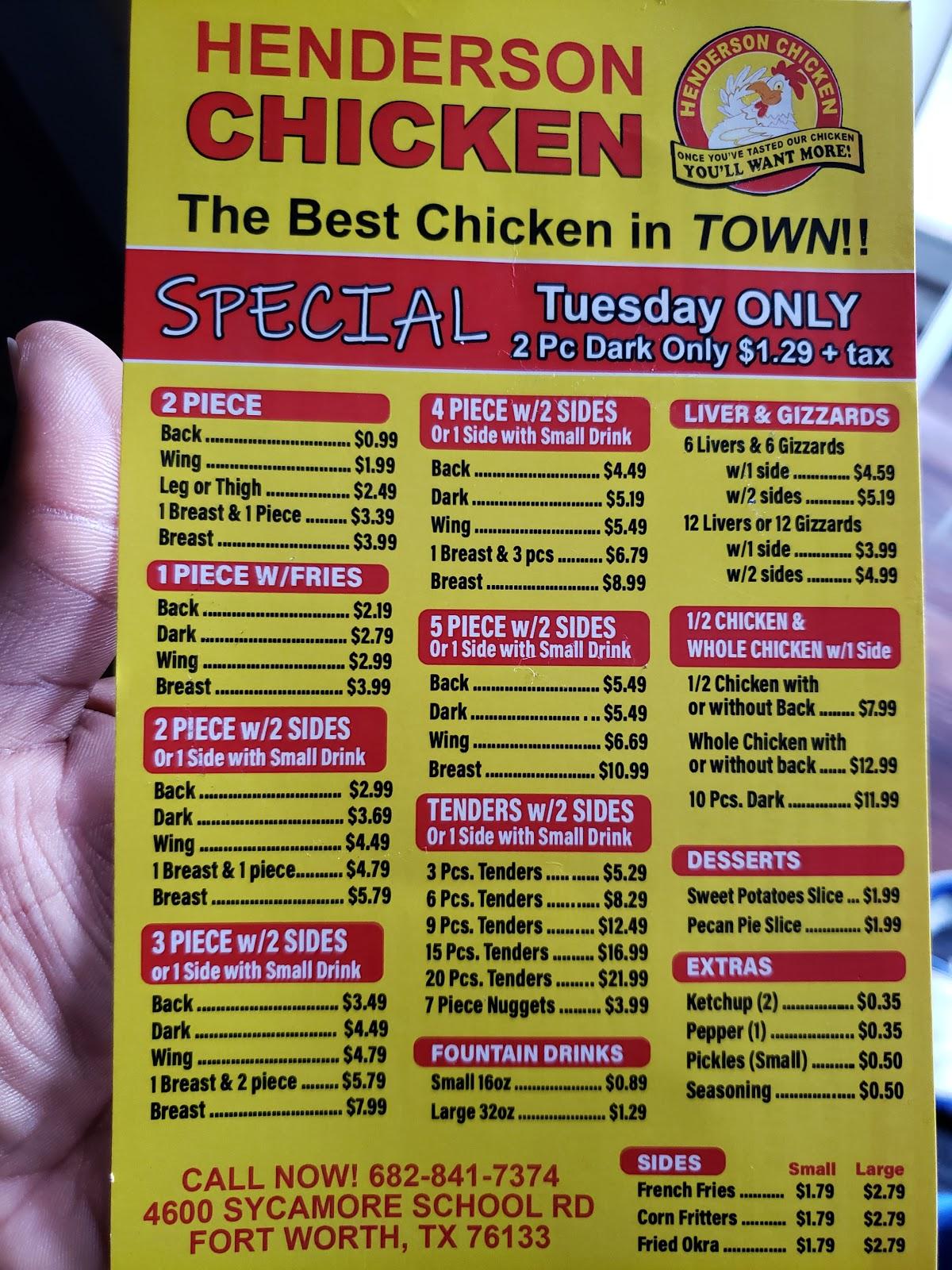 Menu at Henderson Chicken restaurant, Fort Worth
