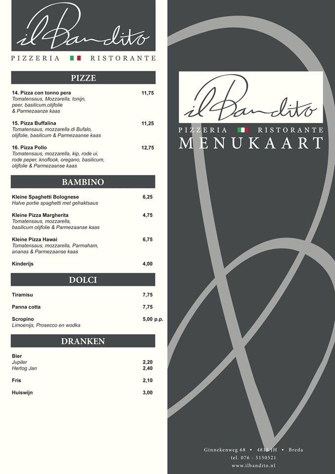 Menu at Il Bandito, Breda