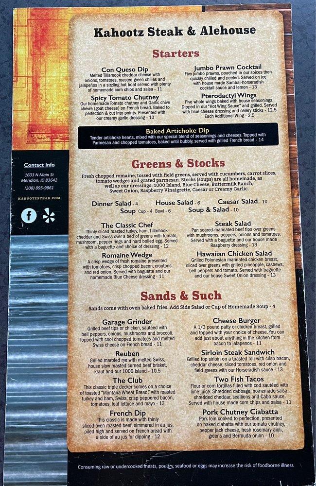 Menu at Kahootz Steak & Alehouse steakhouse, Meridian