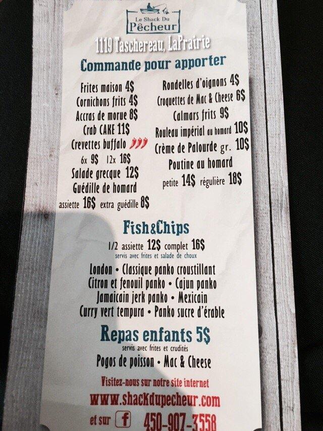 Menu au Le Shack Du Pêcheur La Prairie restaurant, La Prairie ...