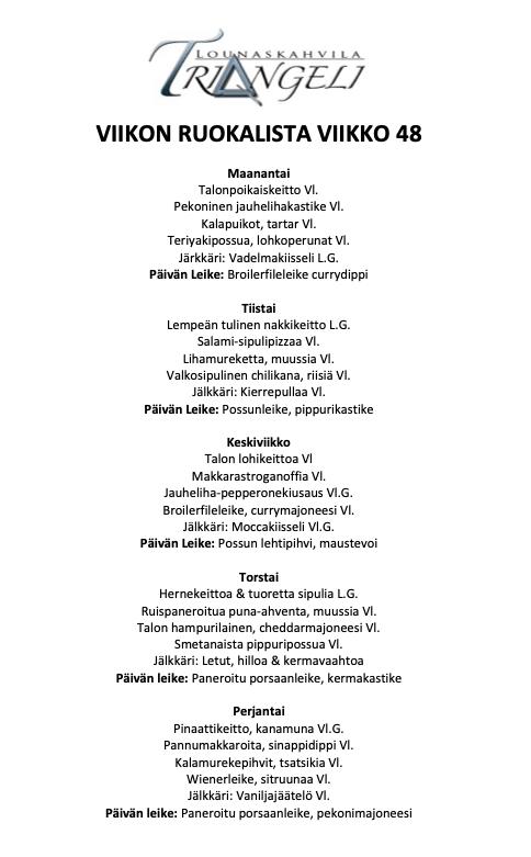 Menu at Lounaskahvila Triangeli restaurant, Helsinki