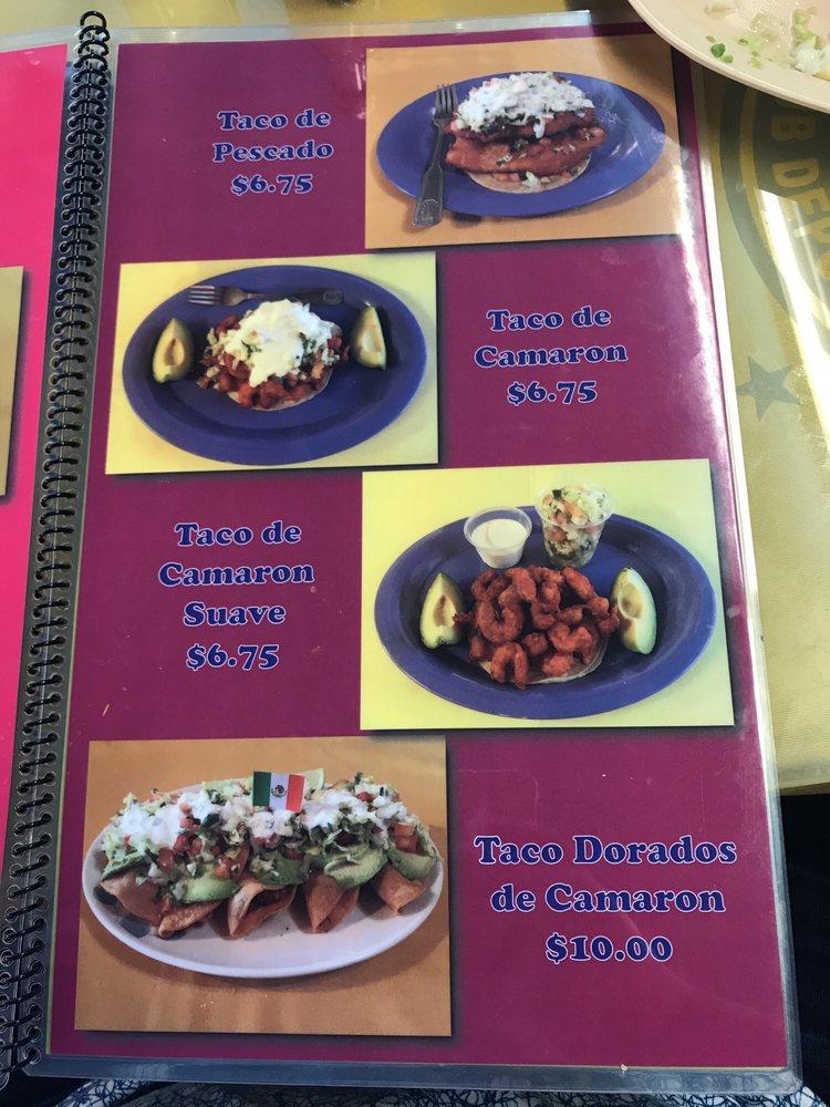 Menu at Mariscos El Jato restaurant, Los Angeles