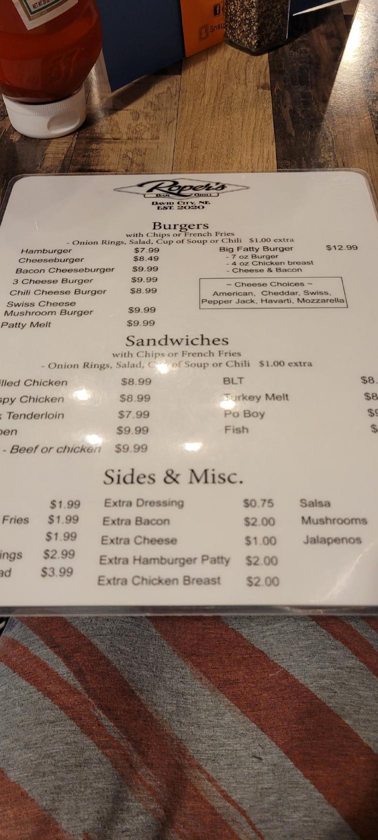 Carta de Ropers Bar and Grill, David City