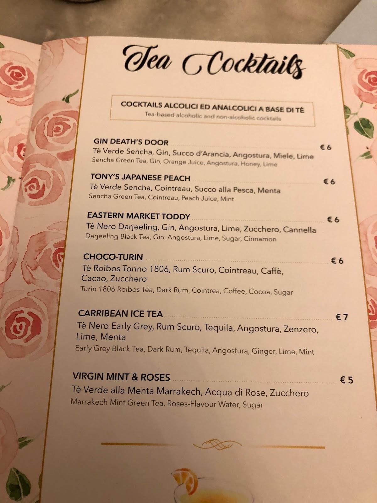 Menu at Roses and Tea cafe, Turin