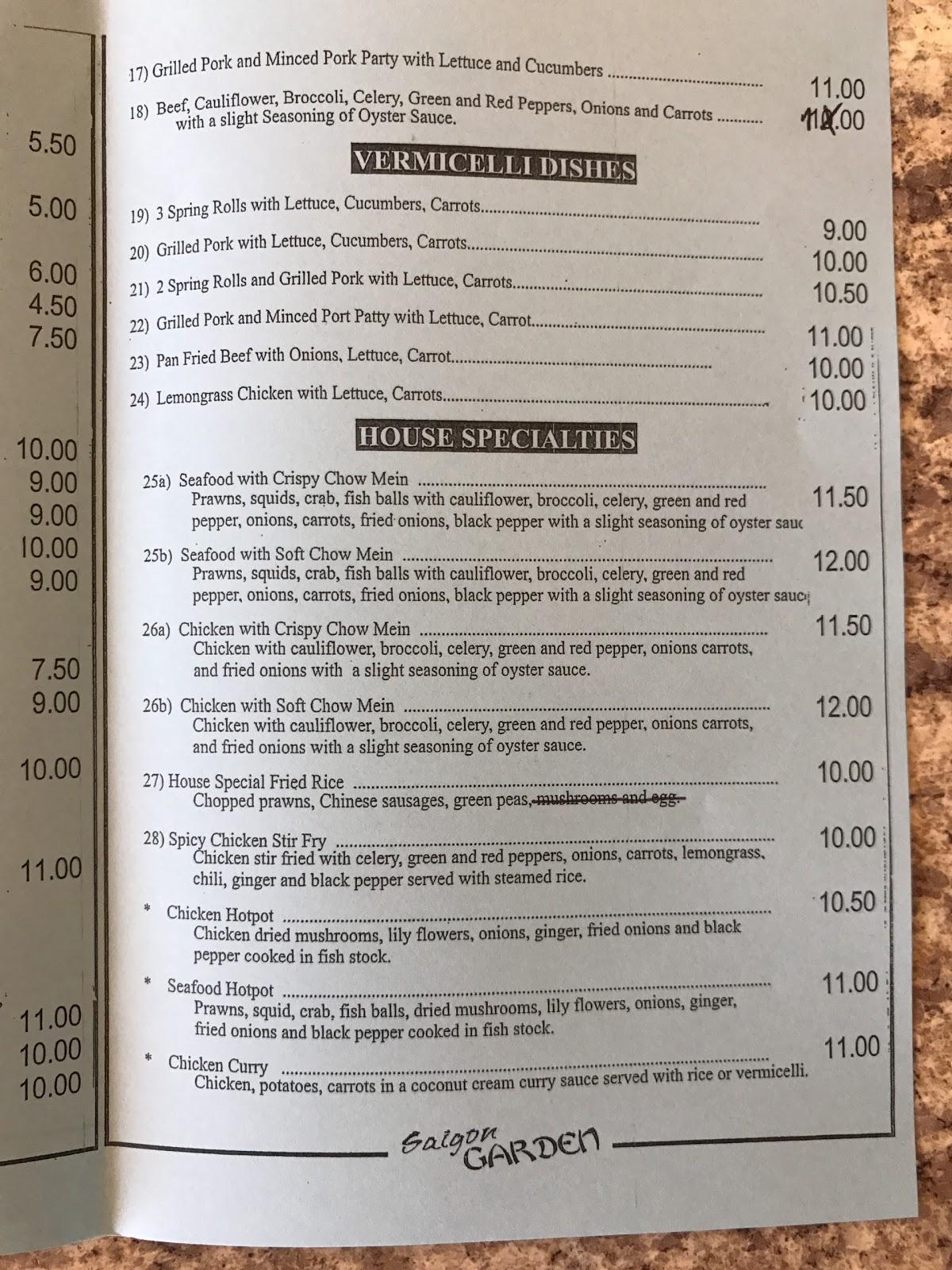 Menu at Saigon Garden restaurant, Parksville