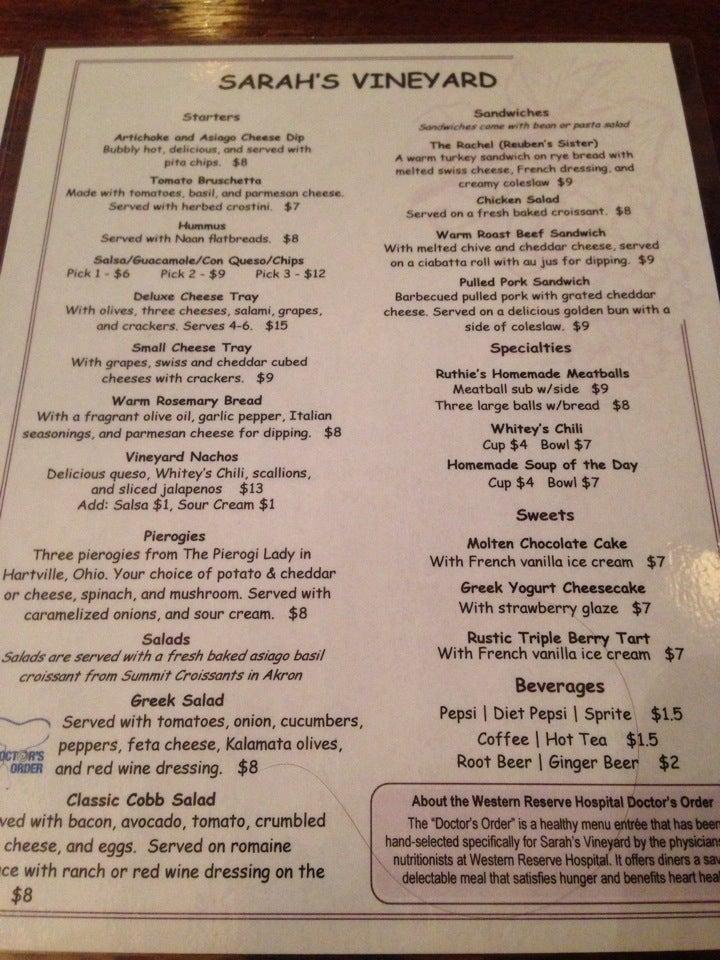 Menu at Sarah's Vineyard pub & bar, Cuyahoga Falls