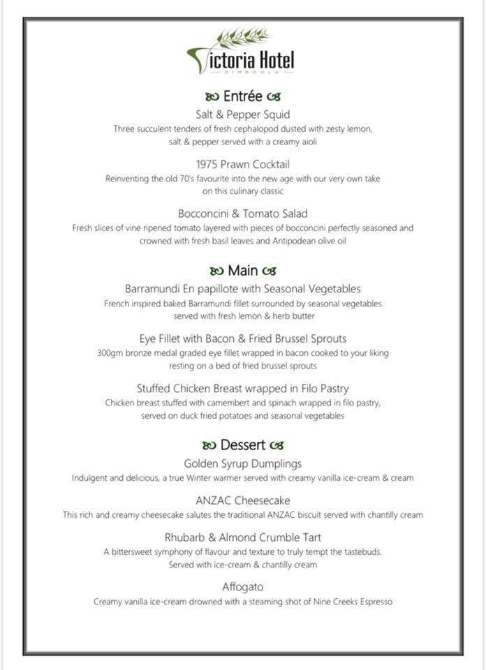 Menu at Victoria Hotel Dimboola pub & bar, Dimboola