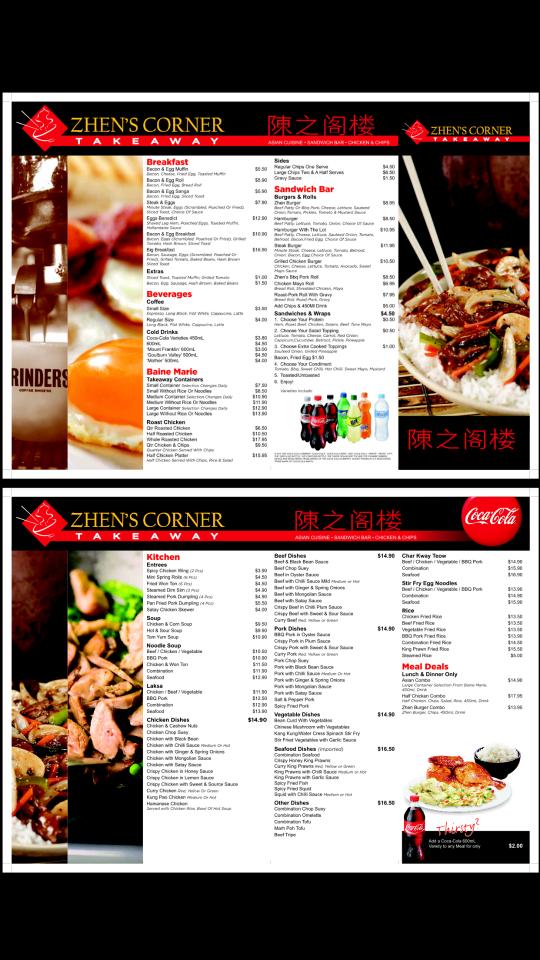 Menu at Zhen's Corner fast food, Darwin City