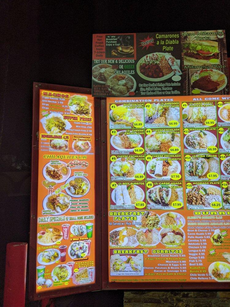 Menu at Alberts Mexican Food restaurant, Downey