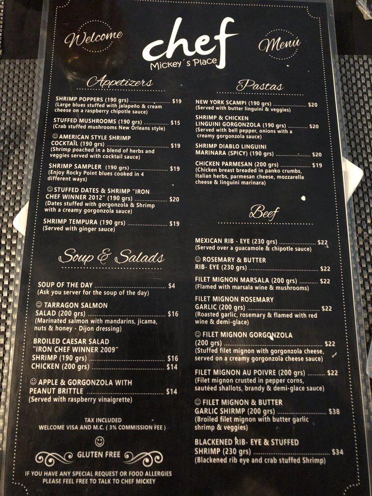 Menu at Chef Mickey's Place restaurant, Puerto Peñasco