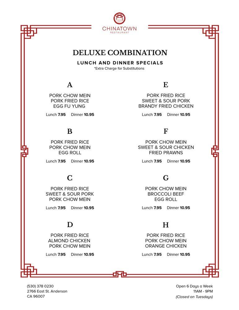 Menu at Chinatown Restaurant, Anderson