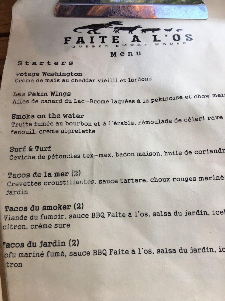 Menu at Faite à l’os BBQ, Québec City