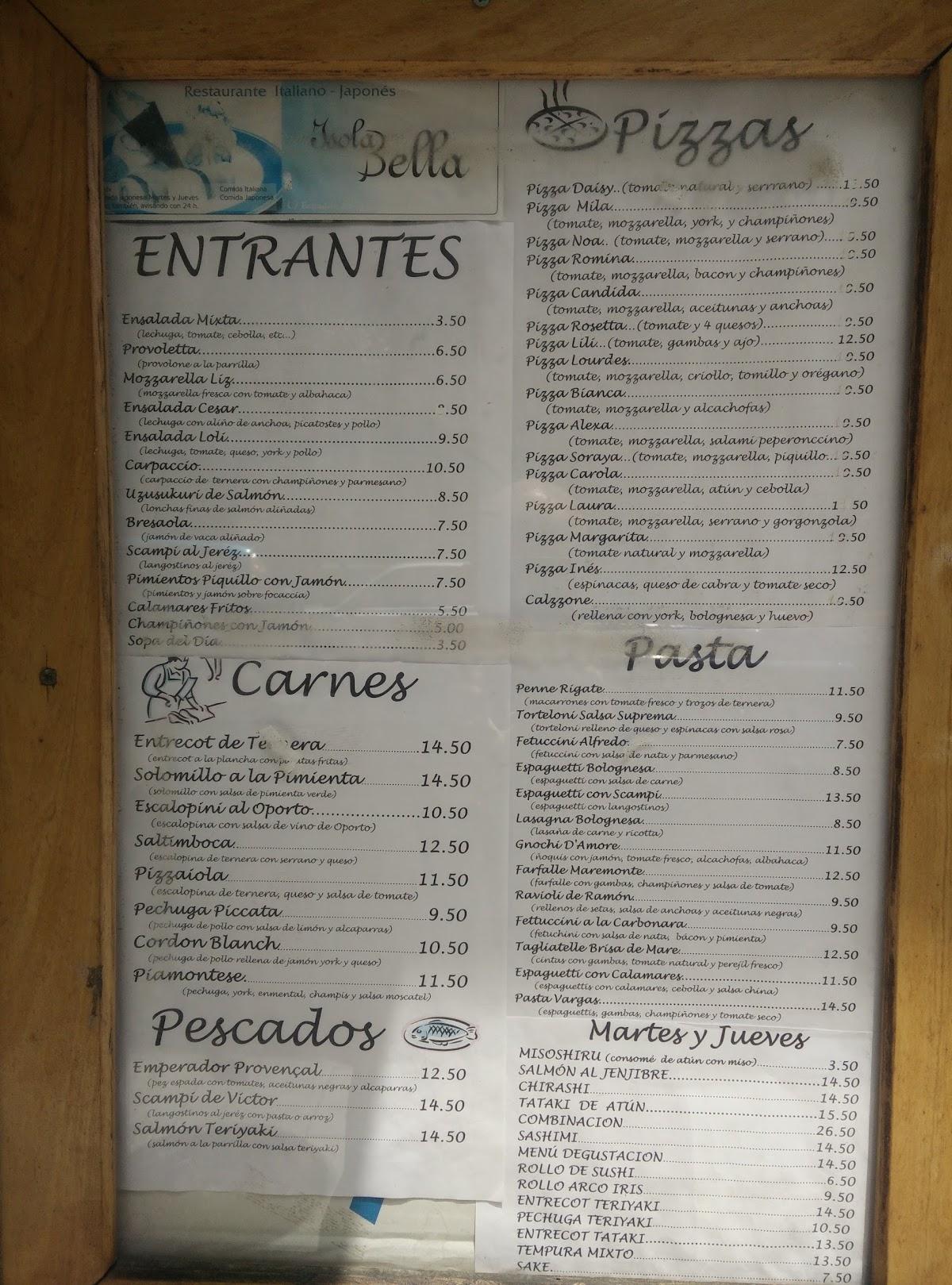 Menu at Isola Bella restaurant, Vigo
