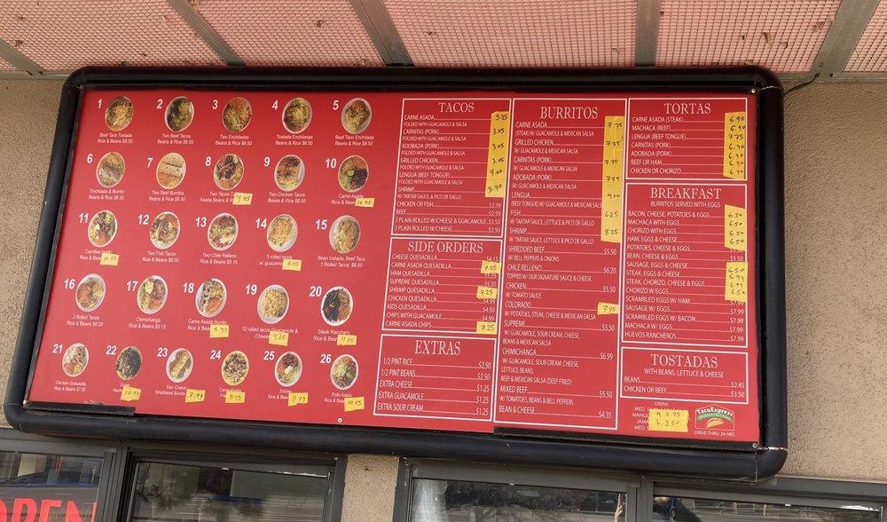 Menu at Taco Express restaurant, Colorado Springs, Centennial Blvd