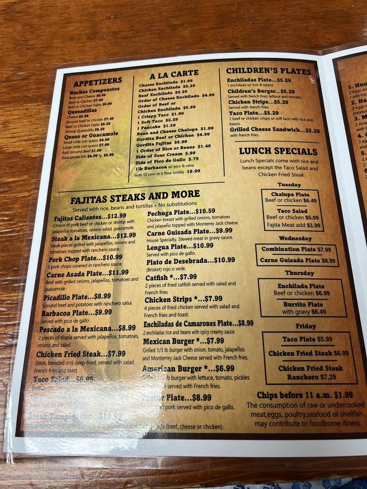 Menu at The Palm Mexican Restaurant, New Braunfels
