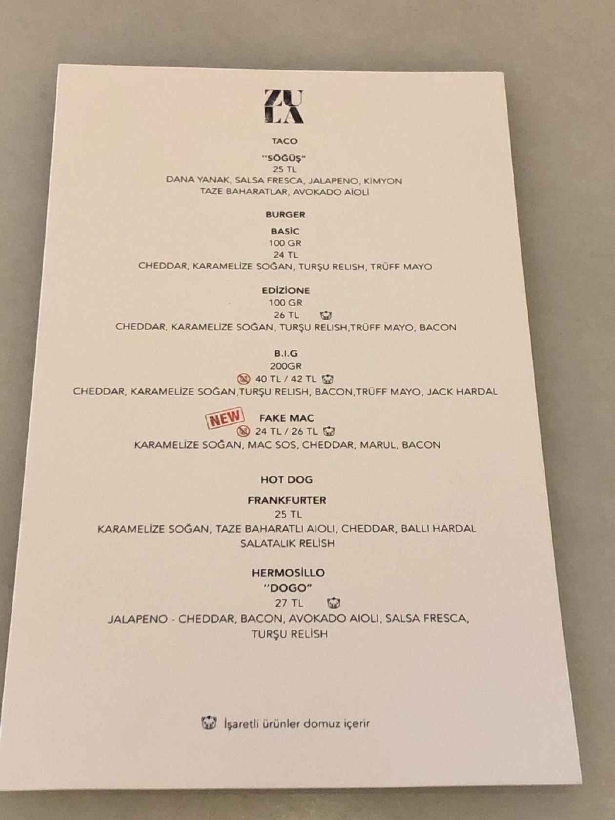 Menu at Zula istanbul, Istanbul, Harbiye Çayırı Sk. 101a