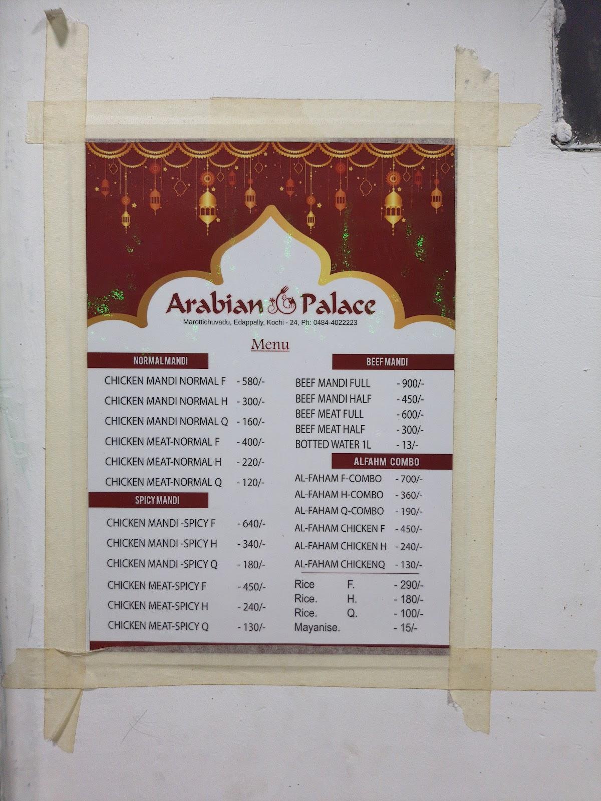 Menu at Arabian Palace Kaloor, Ernakulam
