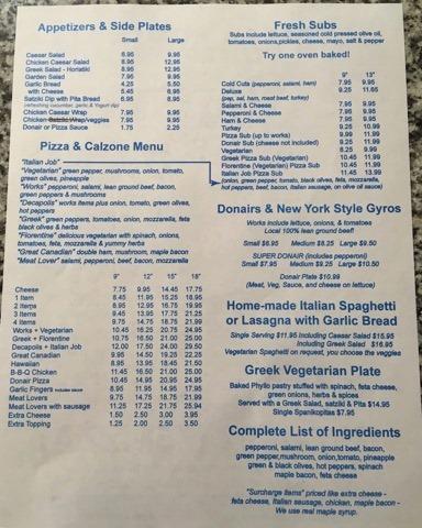Menu at Bella Roma Inc restaurant, Canada