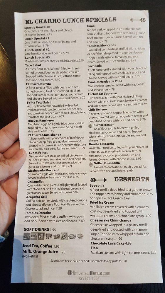 Menu at El Charro restaurant, Neosho