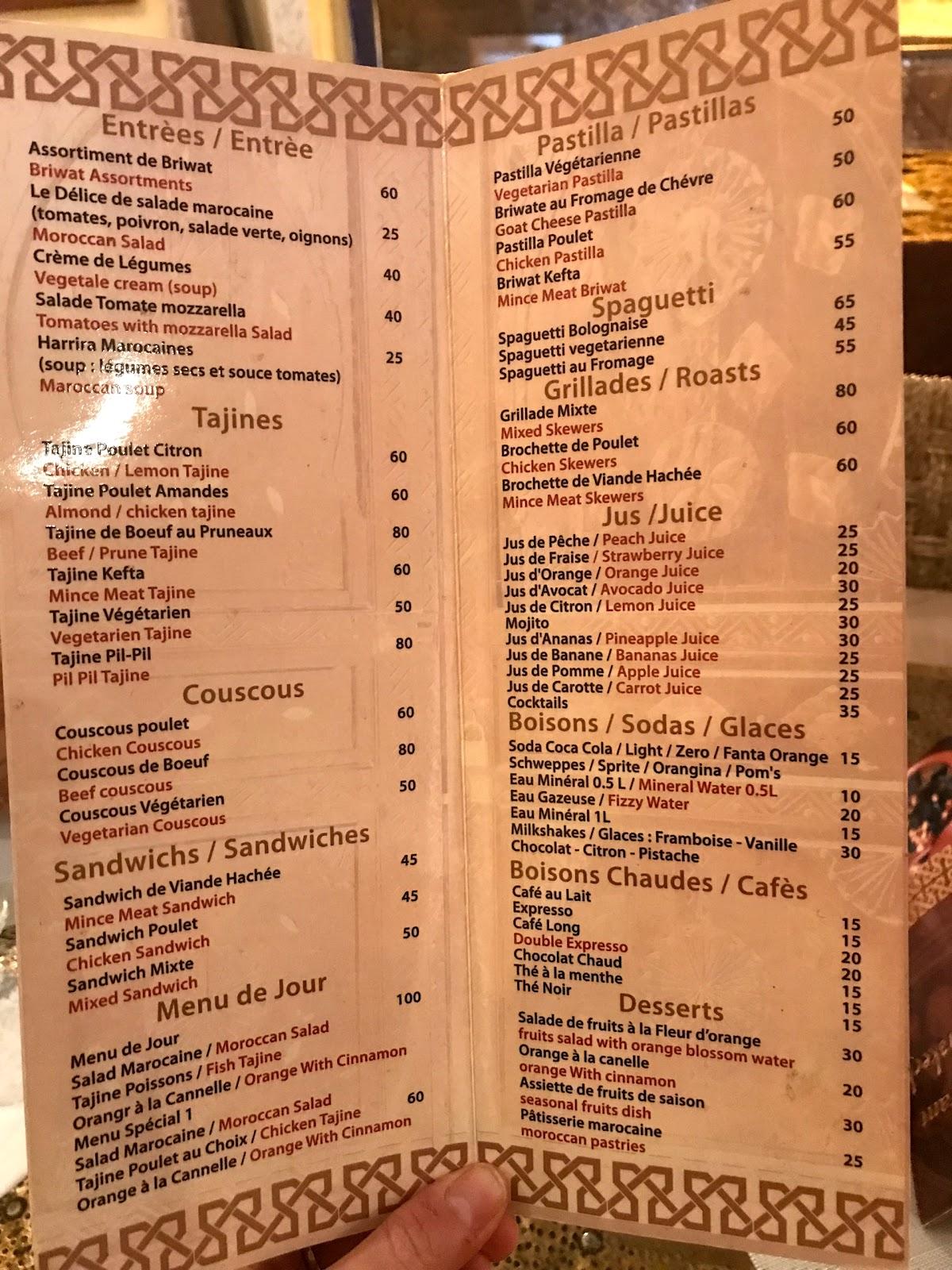 Carta del restaurante La table del marrakech, Marrakech, J2C8+87W