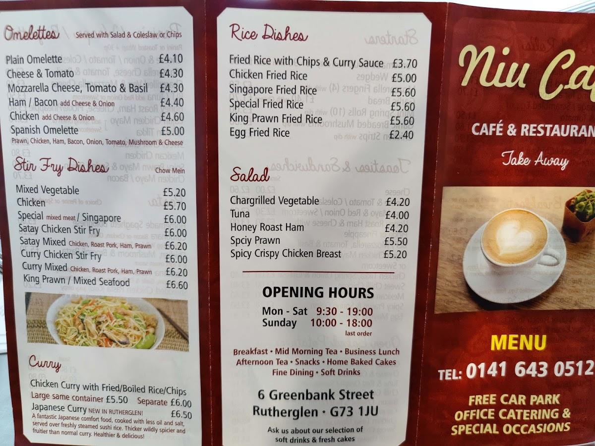 Menu at Niu Cafe, Glasgow, 6 Greenbank St