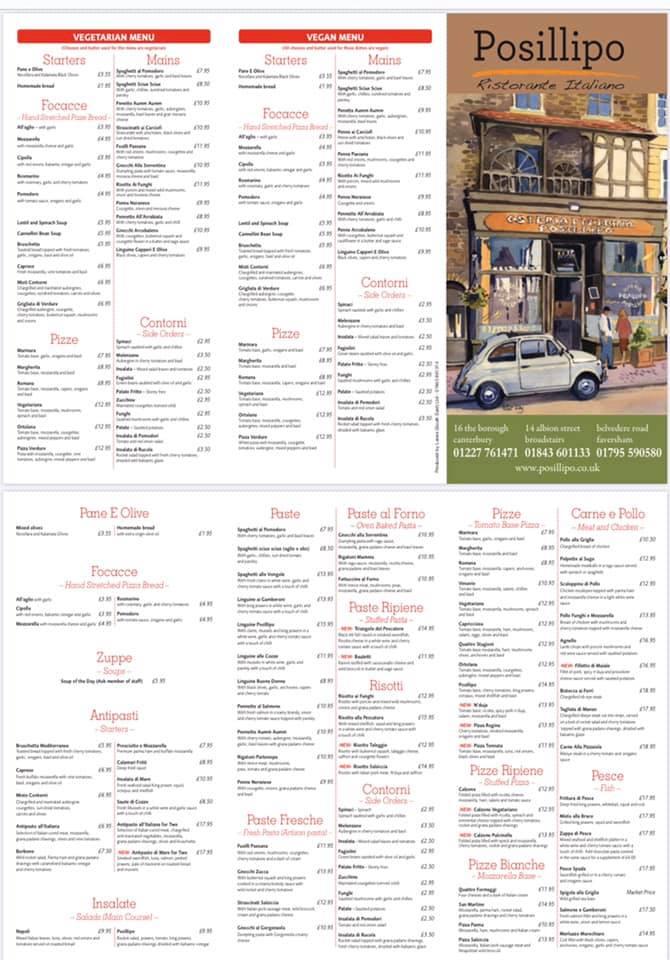 Menu at Posillipo Pizzeria, Broadstairs
