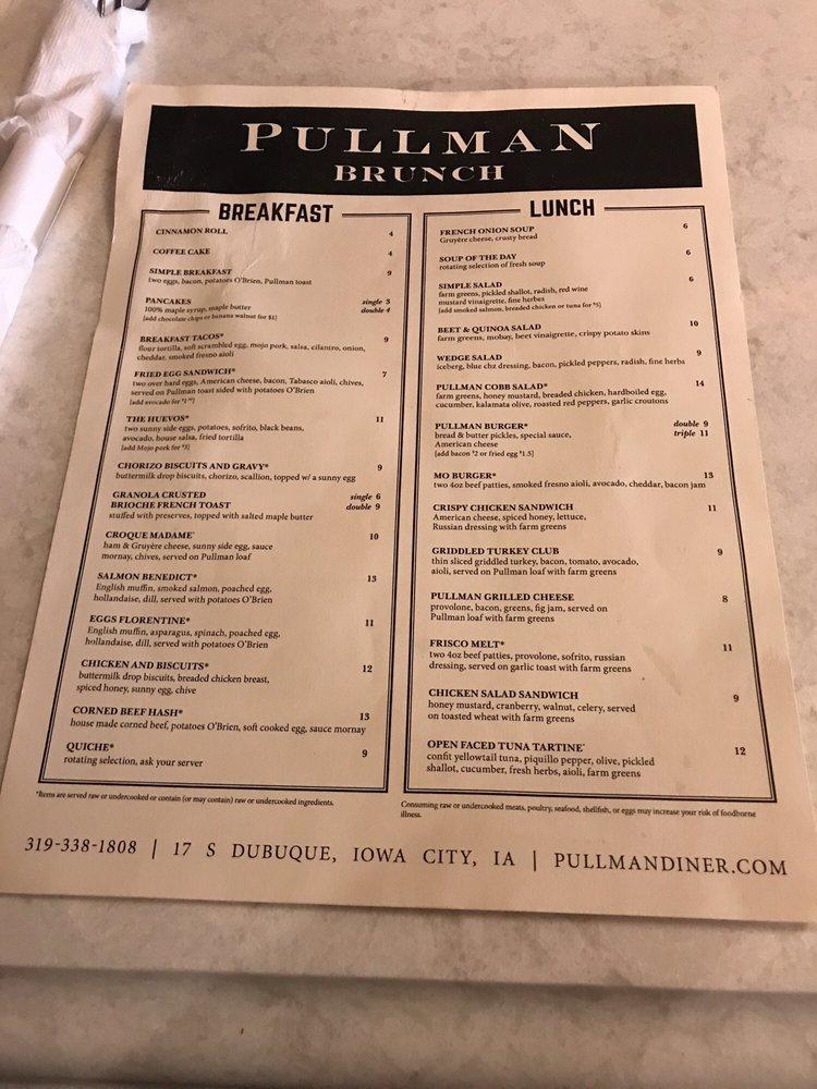 Menu at Pullman Bar & Diner, Iowa City