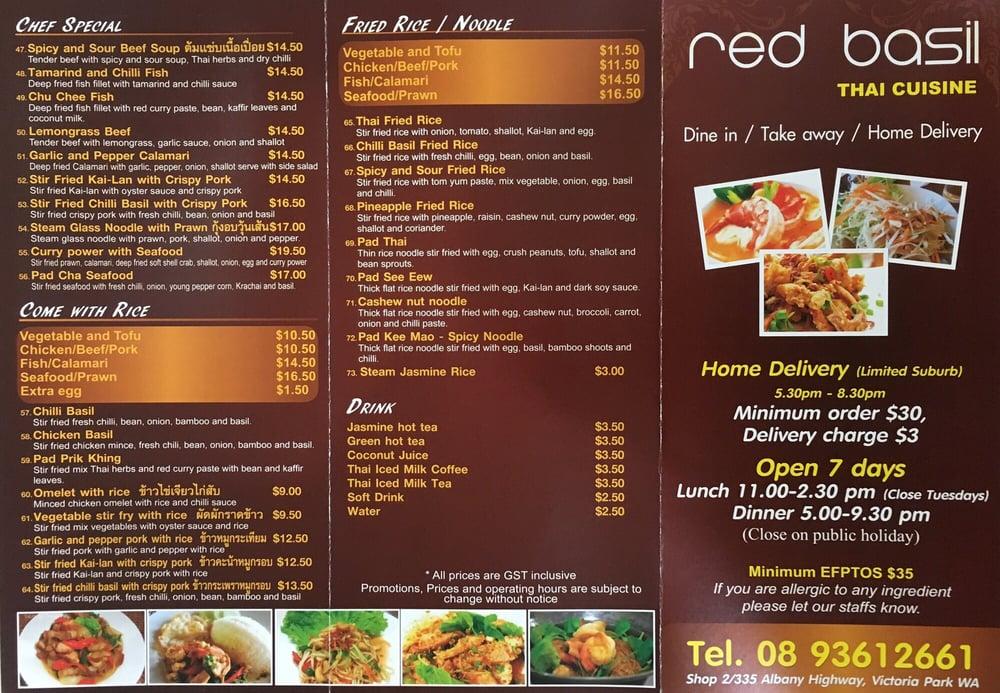 Menu at Red Basil Thai Cuisine restaurant, Victoria Park