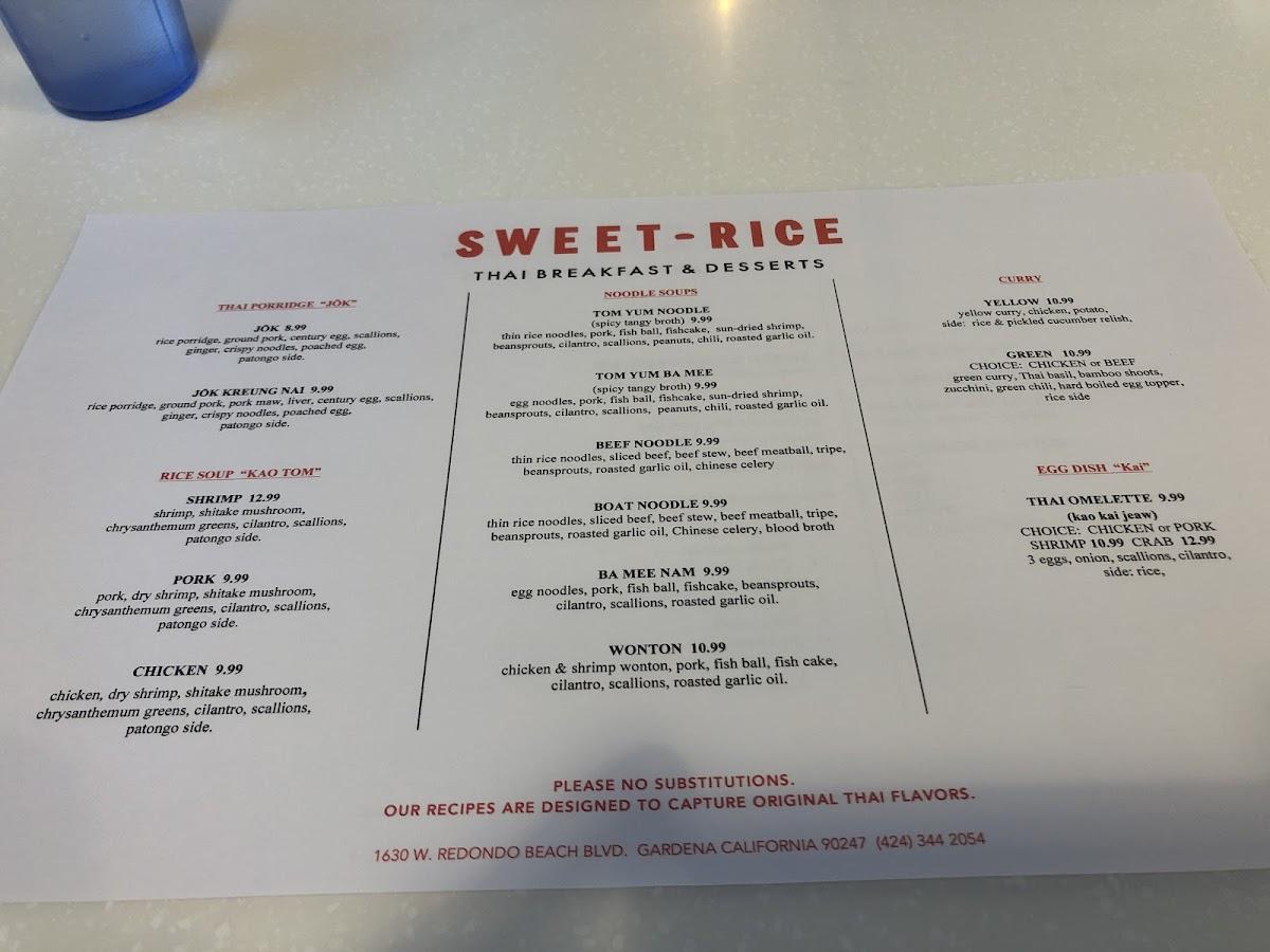 Menu at Sweet Rice desserts, Gardena